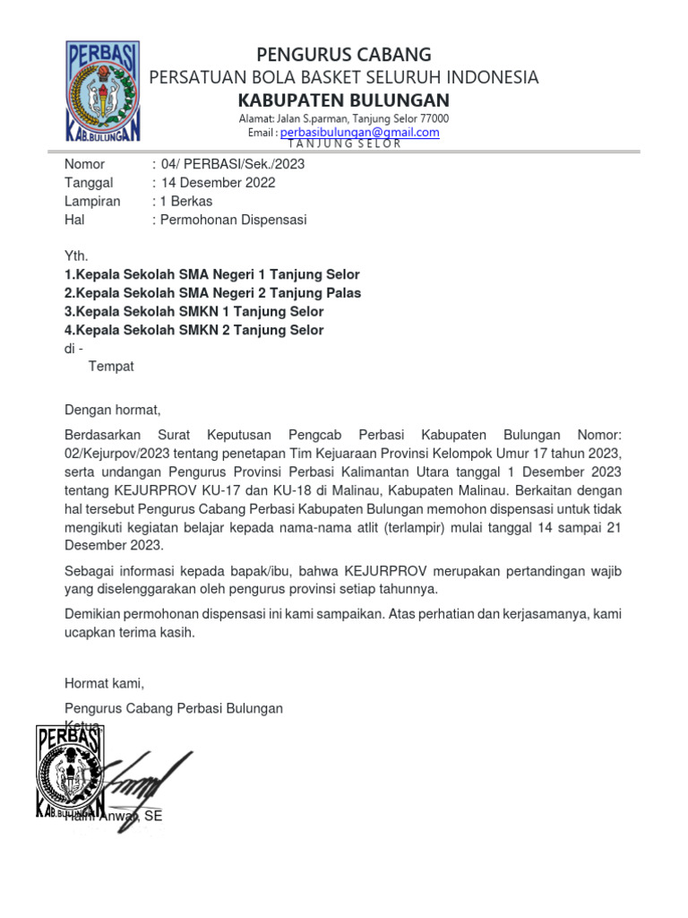 Permohonan Dispensasi Atlet Basket | PDF