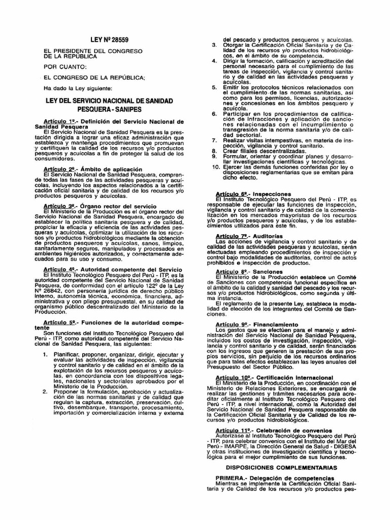Ley #28559 - 2005 Ley Del Servicio Nacional de Sanidad Pesquera ...