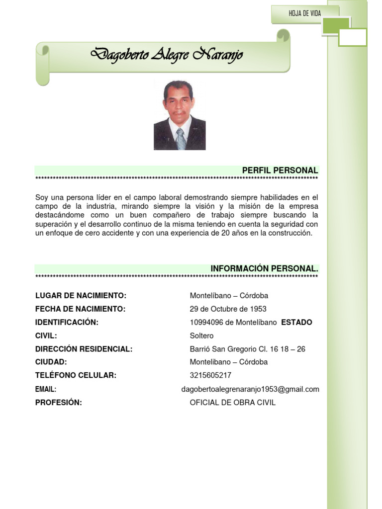Hoja de Vida Dagoberto Alegre Naranjo | Descargar gratis PDF | Justicia | Crimen y violencia