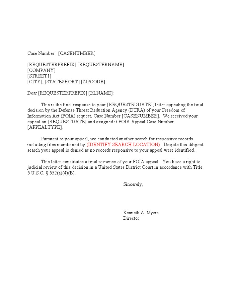 DTRA FOIA Appeal Response - No Records | Freedom Of Information Act ...
