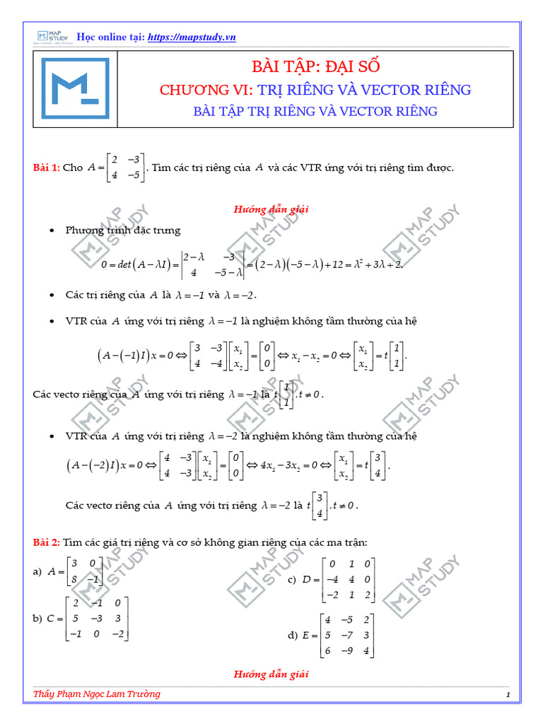 0602 - Bài Tập - Trị Riêng Và Vector Riêng (Lời Giải + Đáp Án) | PDF
