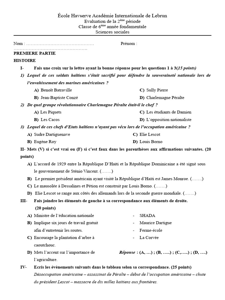 Examen 6ème année : Sciences Sociales et Expérimentales | PDF