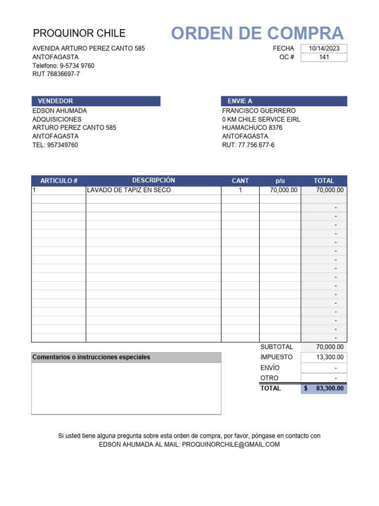 Orden de Compra Lavado de Tapiz | PDF