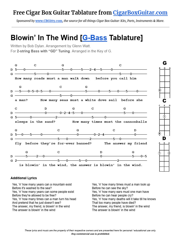 Blowin in The Wind 2 String G Bass Tablature C. B. Gitty Crafter Supply ...