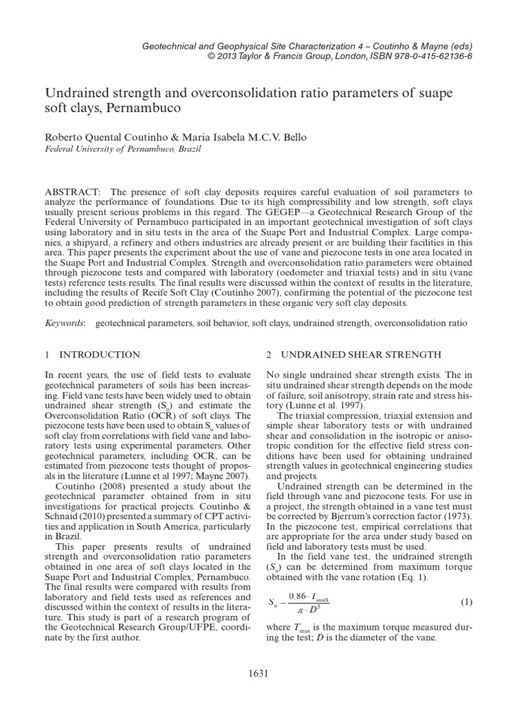 Undrained Strength And Overconsolidation Ratio Parameters Of Suape Soft