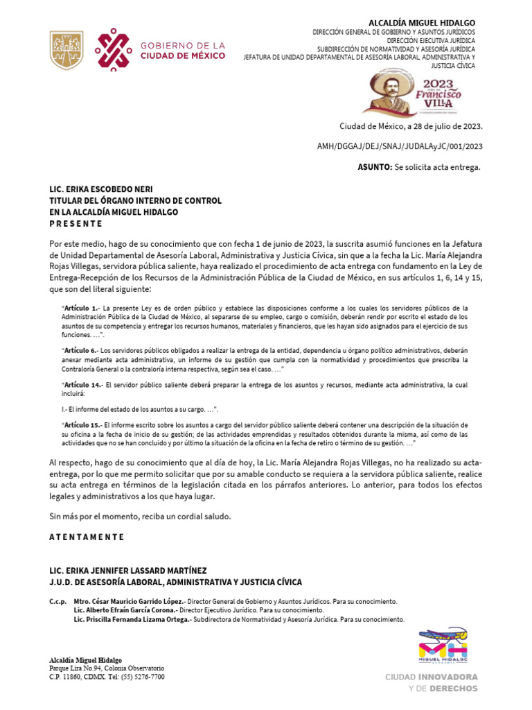 Solicitud de Acta Entrega - Erika Escobedo Neri | PDF