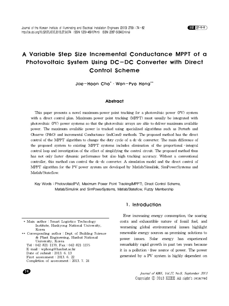 A Variable Step Size Incremental Conductance MPPT of A Photovoltaic System Using DC-DC Converter ...