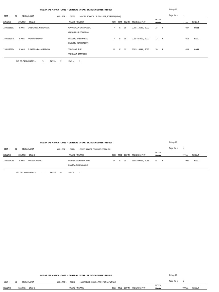 General First Year - Bridge - Result - Data - m23 | PDF
