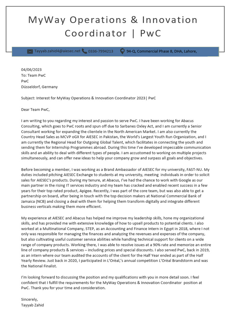 Cover Letter PWC | PDF