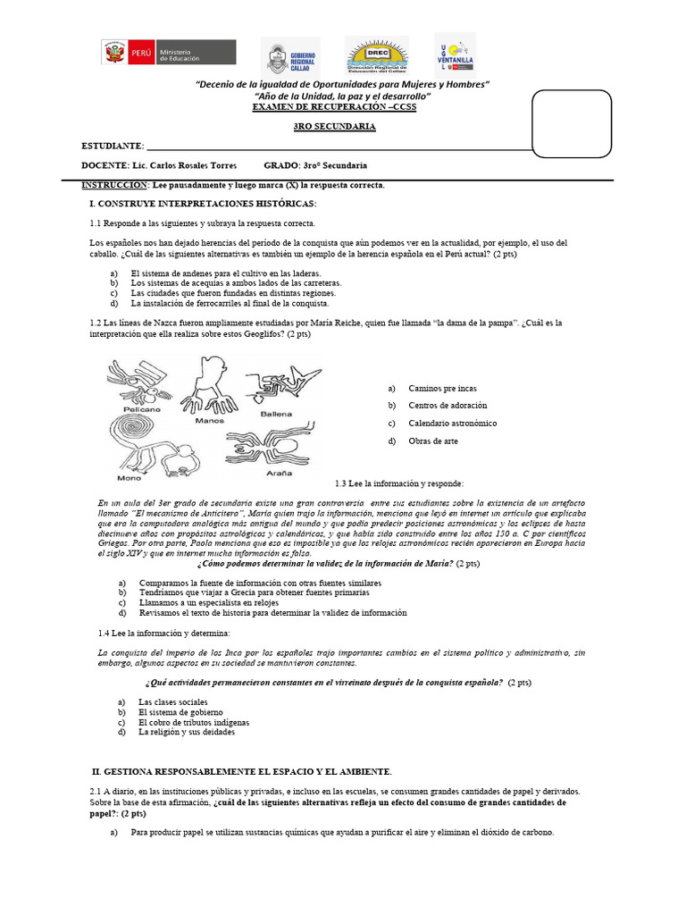 3ro EXAMEN DE RECUPERACION CCSS 2024 | PDF | Perú | Desarrollo sostenible