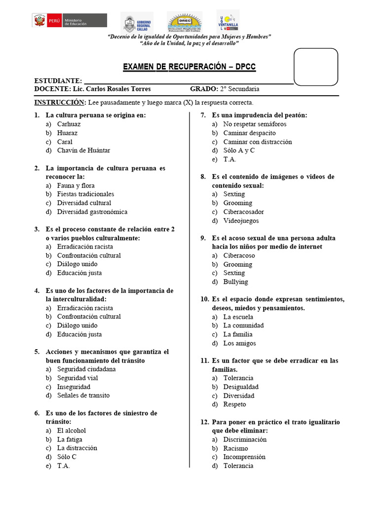 2do Examen de Recuperacion DPCC 2024 | PDF