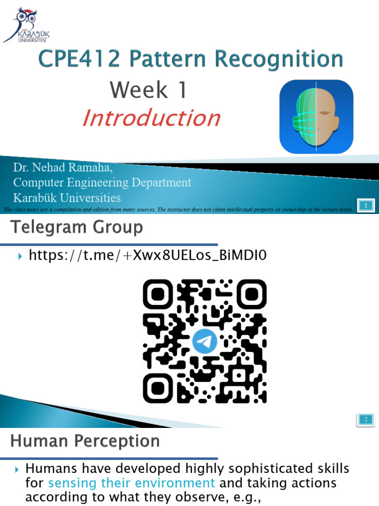 Cpe412 Pattern Recognition Week 1 Pdf Pattern Recognition Statistical Classification