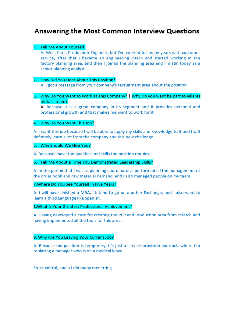 Answering The Most Common Interview Questions | PDF Answering The Most Common Interview Questions | PDF