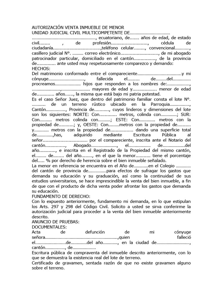 Modelo de Demanda de Autorización para Venta de Derechos I Acciones de Un Menor de Edad | PDF