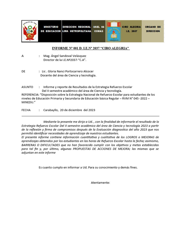 Informe Refuerzo Escolar | PDF | Aprendizaje | Educación primaria