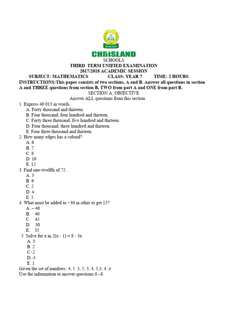 2018 Maths - Year 7 (3rd Term Exams) | PDF | Triangle | Mathematics