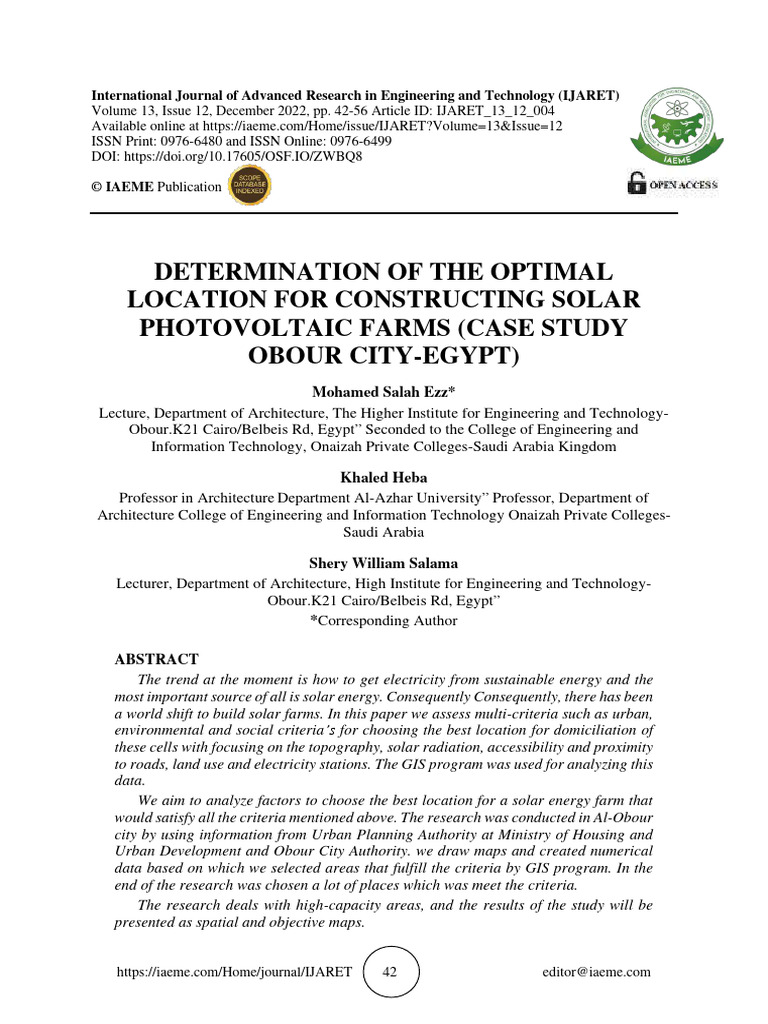 DETERMINATION OF THE OPTIMAL LOCATION FOR CONSTRUCTING SOLAR ...