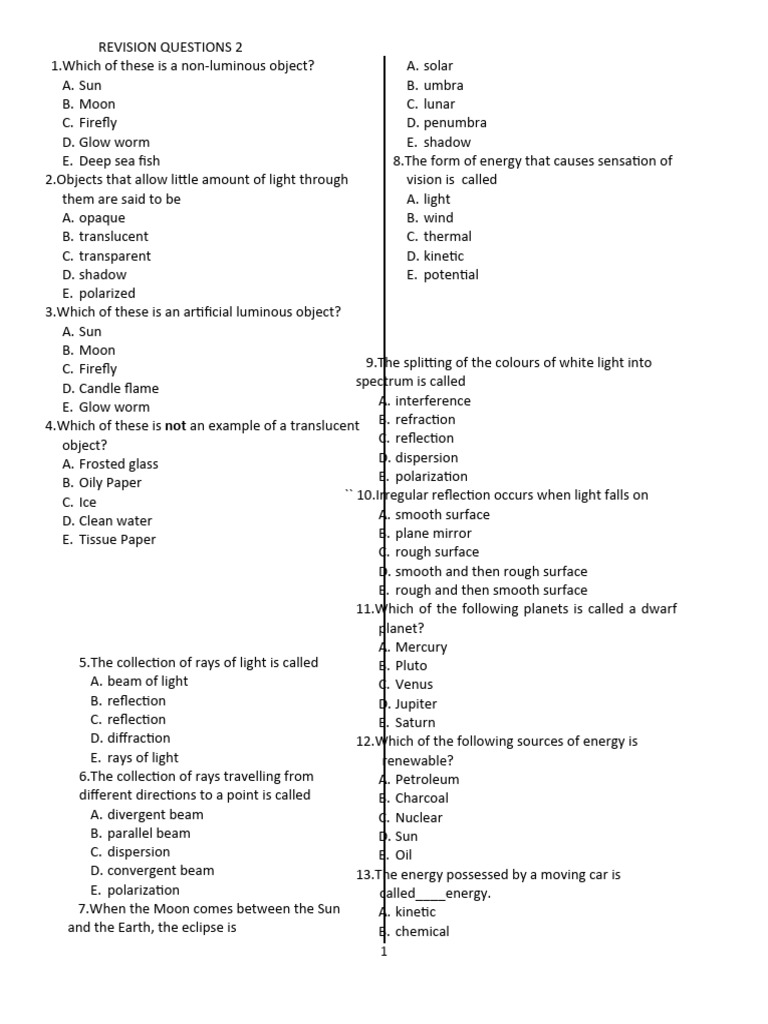 Physics Year 8 First Term Examination Revision Questions 2 | PDF ...