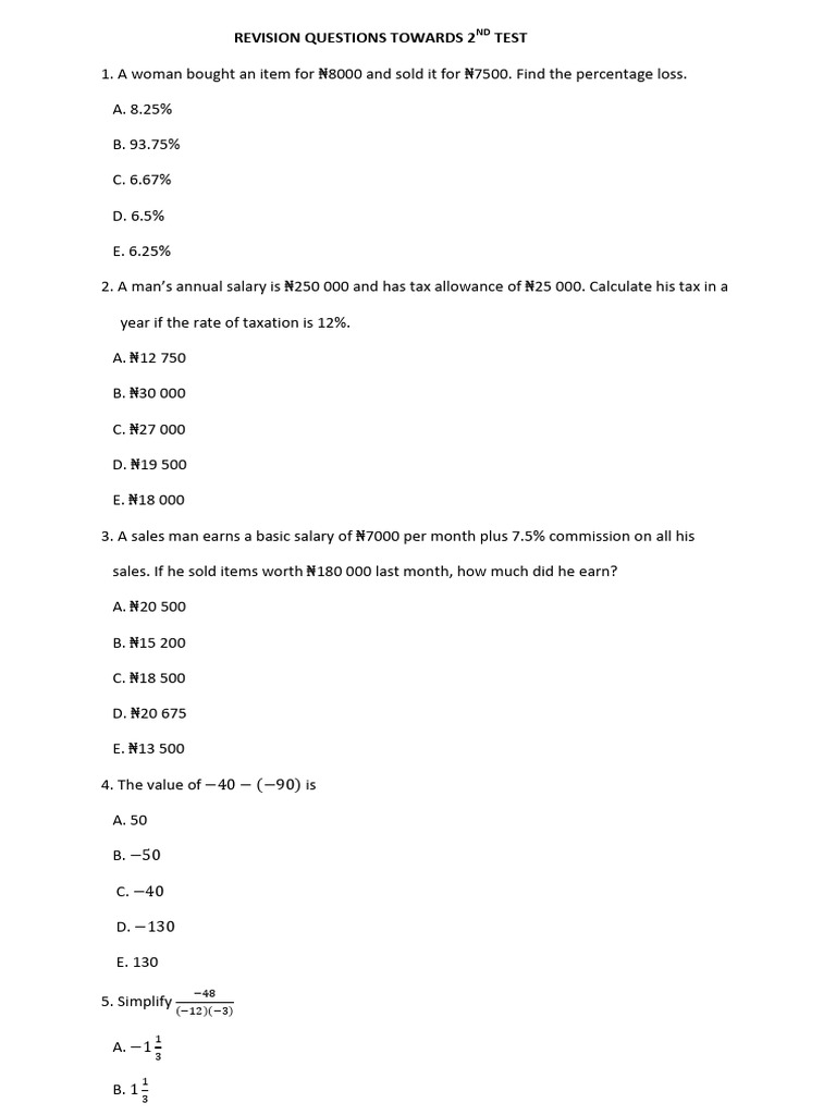 Year 8 Maths Revision Questions Towards 2nd Test | PDF