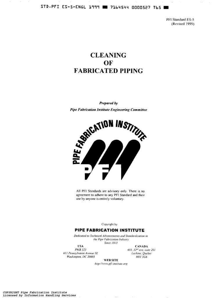 PFI ES-5 1999 Cleaning of Fabricated Piping | PDF | Pipe (Fluid ...
