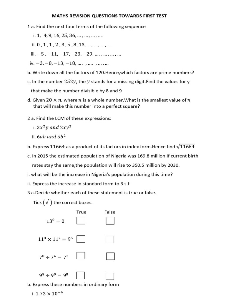 Year 8 Revision Questions Towards First Test | PDF | Numbers ...