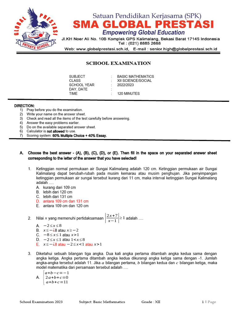 Basic Mathematics - Lembar Soal US-1 | PDF