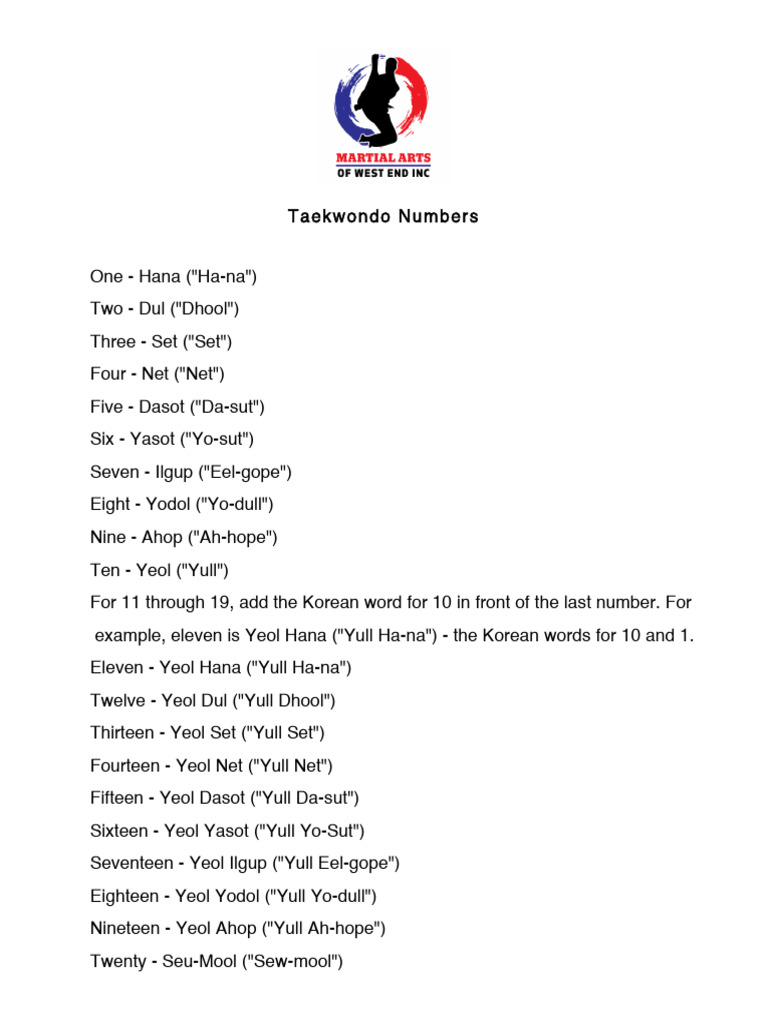 Taekwondo Numbers | PDF