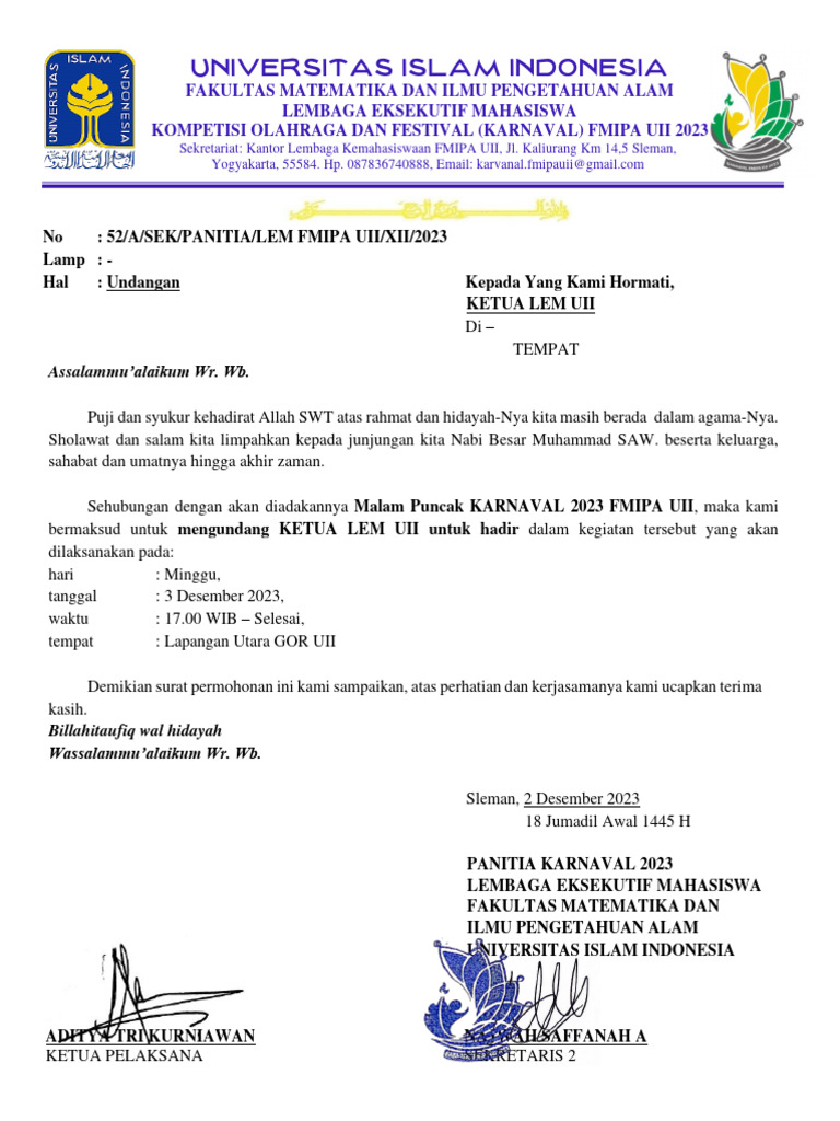 A52 Surat Undangan Malam Puncak Karnaval 2023 Ketua LEM UII | PDF