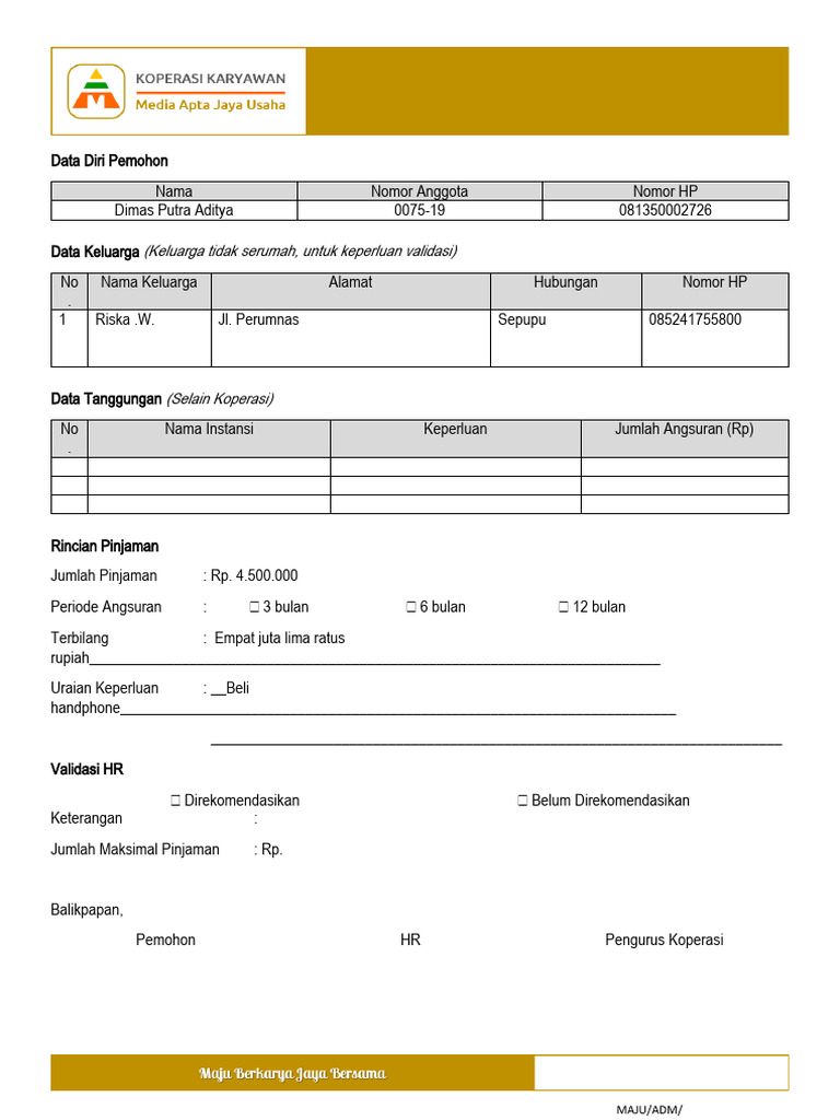 Formulir Pengajuan Pinjaman Koperasi | PDF