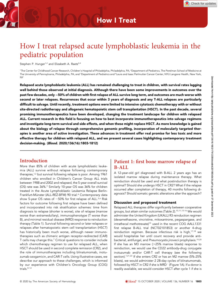How I Treat Relapsed Acute Lymphoblastic Leukemia in The Pediatric ...