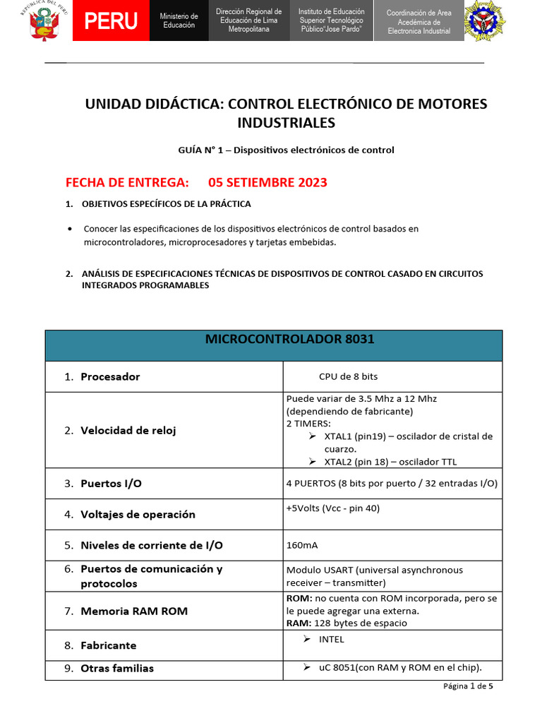 Guía #1 Dispositivos de Control | PDF | Microcontrolador | Hardware de la computadora