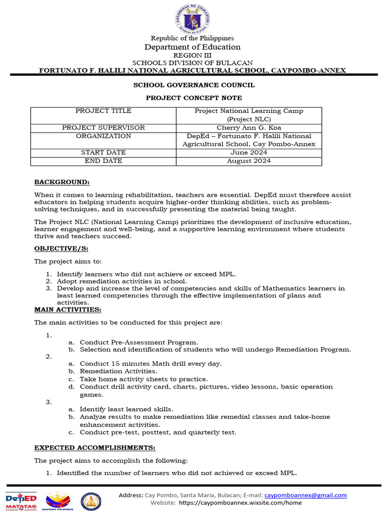 Sgc-Project-Concept-Note MLR (Matiling) | PDF | Pedagogy | Education Theory