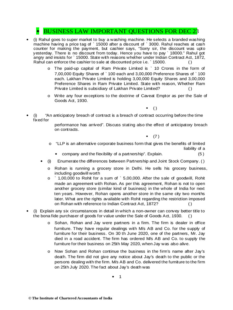 Business Law Important Questions For Dec 23 : © The Institute of ...