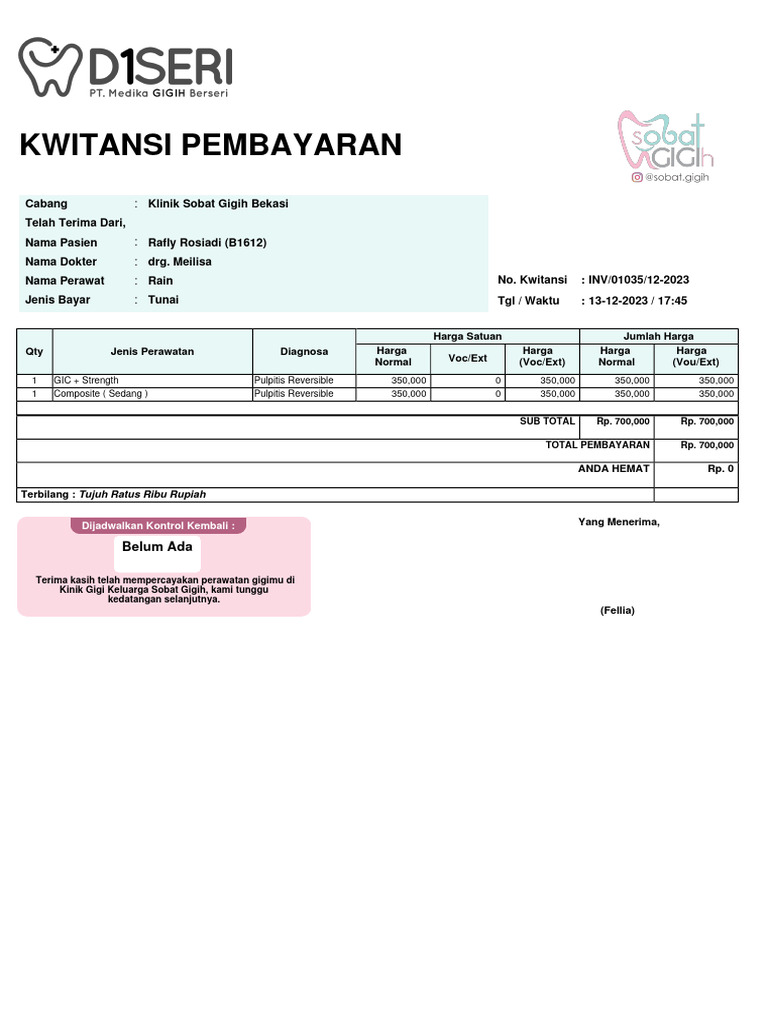 Kwitansi Pembayaran Dokter Gigi | PDF
