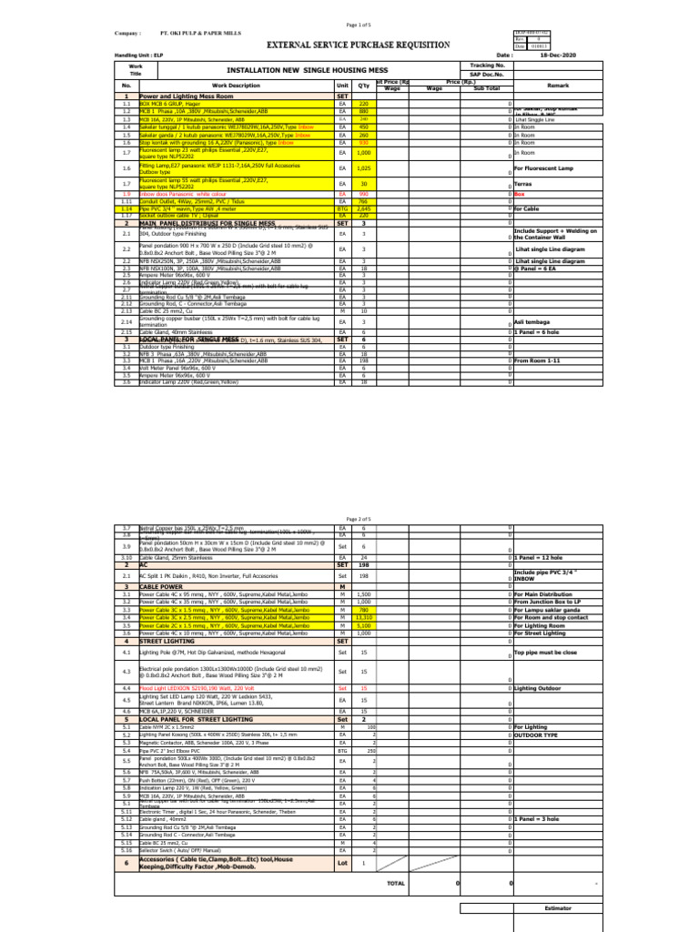 Blank Boq for Ppe Lighting Oki-2 Project | PDF