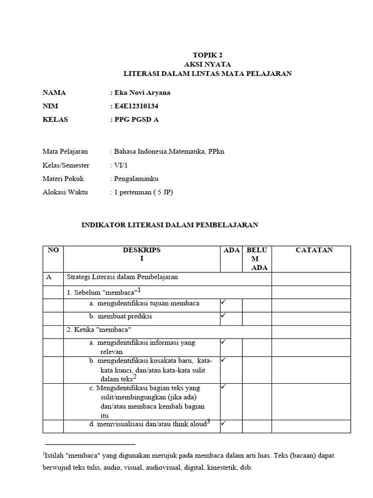 Topik 2 - Aksi Nyata - Indikator Literasi Dalam Pembelajaran - Eka Novi Aryana | PDF