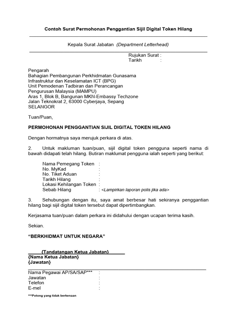 Contoh Surat Permohonan Penggantian Sijil Digital Token Hilang v2.0 | PDF