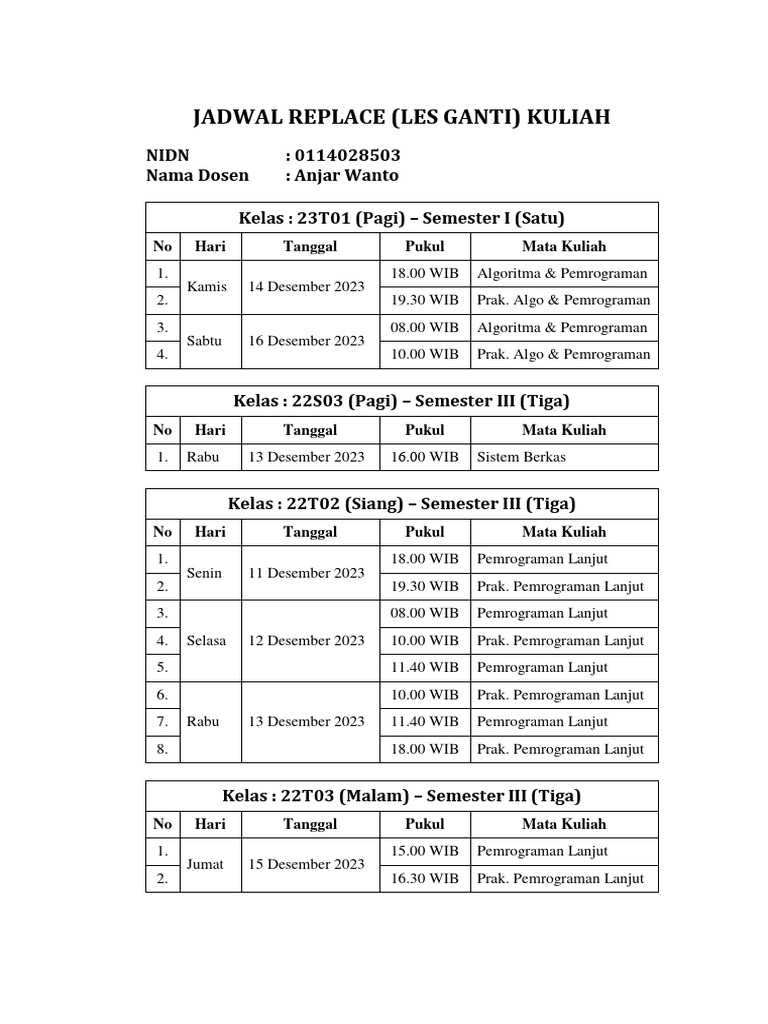 Jadwal Kuliah dan Praktikum 2023 | PDF