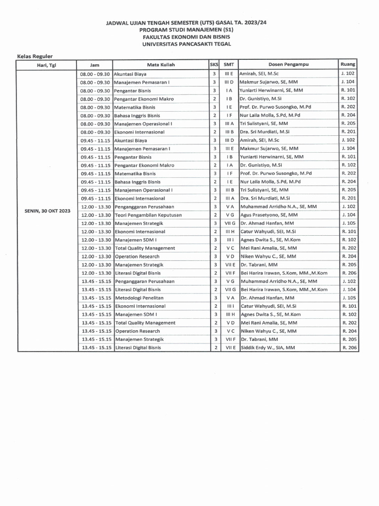 Jadwal UTS Manajemen - Reguler | PDF