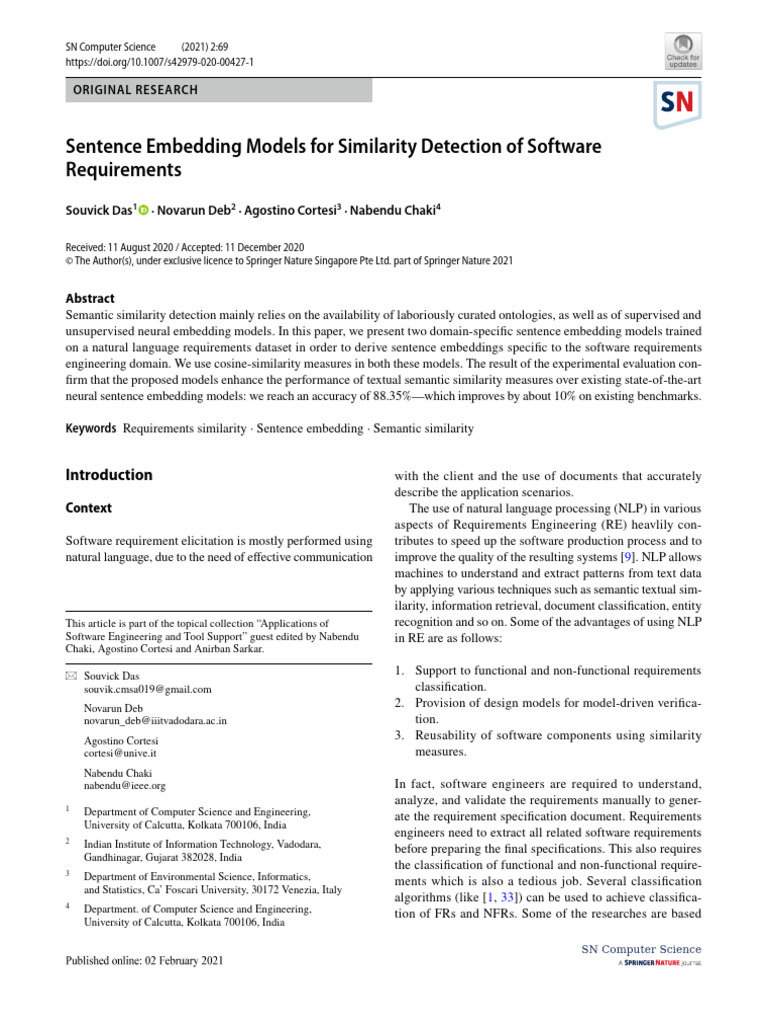 2021-Sentence Embedding Models For Similarity Detection of Software Requirements | PDF | Machine ...