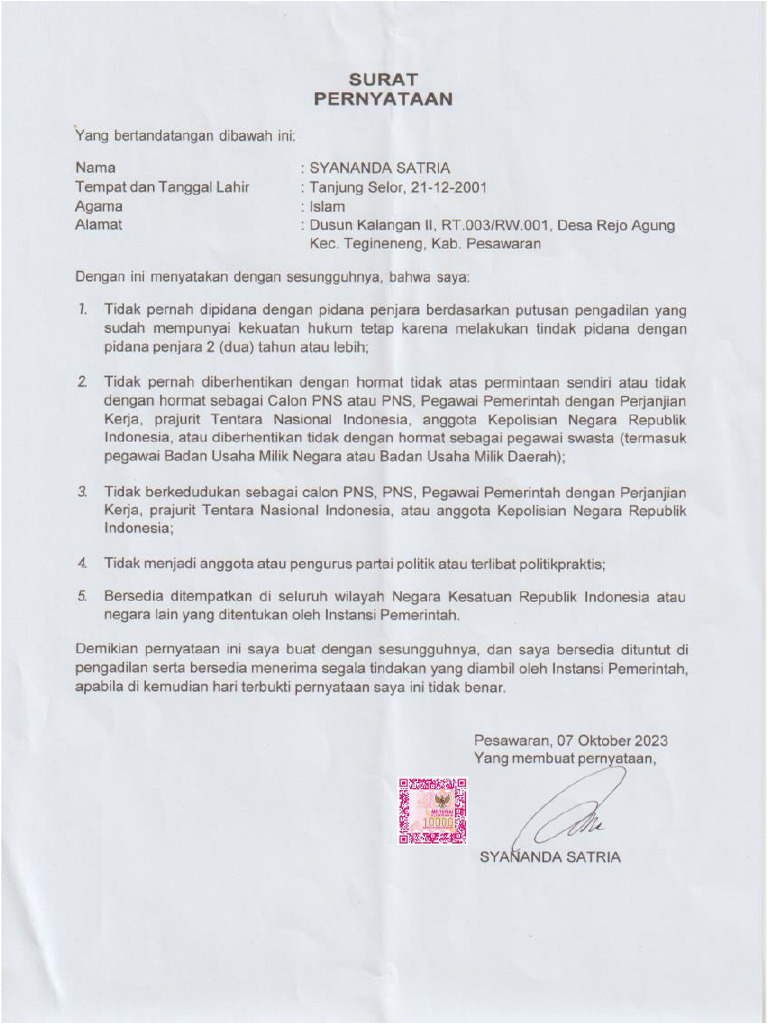 Surat Pernyataan e Materai | PDF