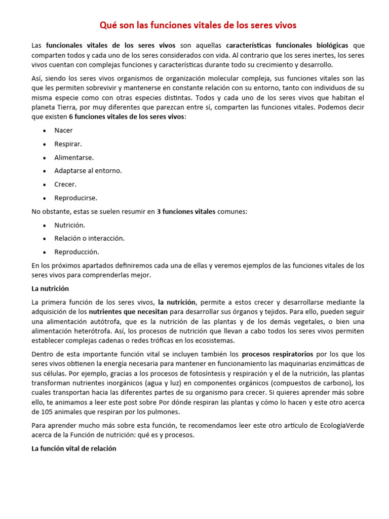 Qué Son Las Funciones Vitales de Los Seres Vivos | PDF | Adaptación ...