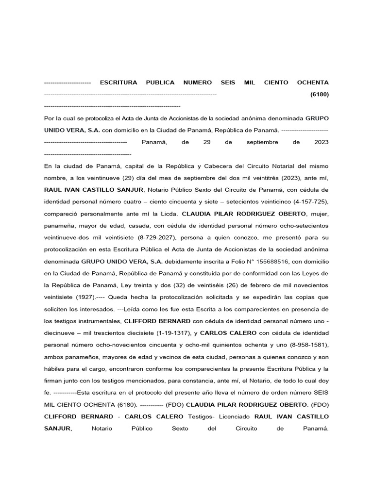 Acta de Junta de Accionistas de GRUPO UNIDO VERA | PDF | Cheque | Pagaré