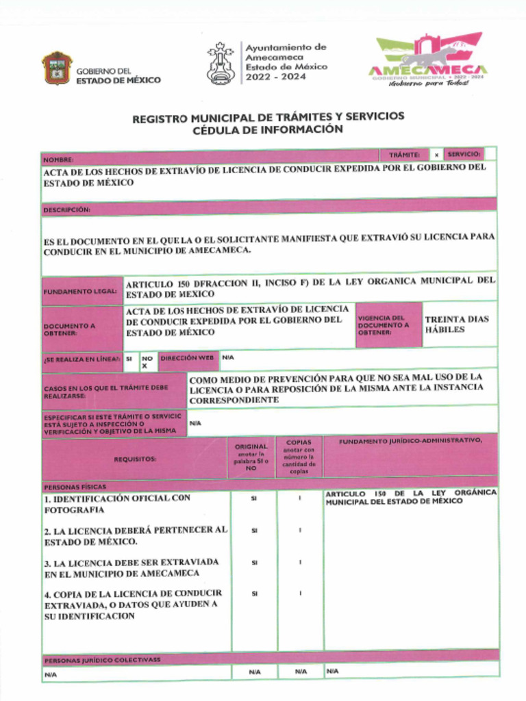 Acta de Los Hechos de Extravio de Licencia de Conducir Expedida Por El ...