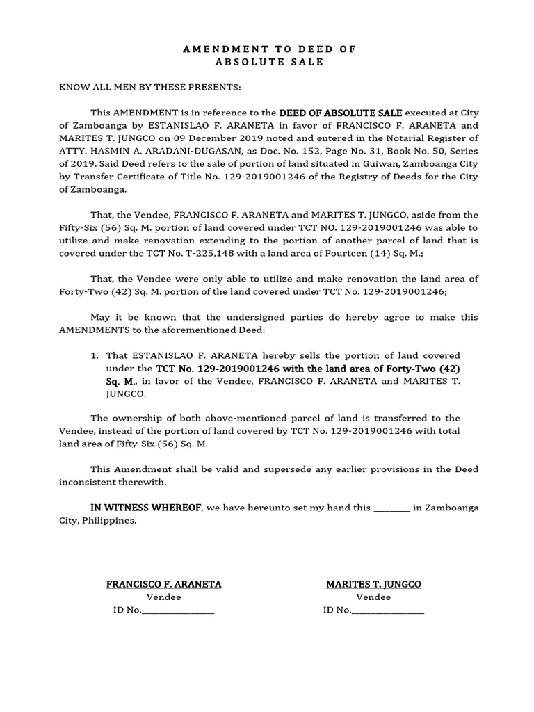 Amendment To The Deed of Sale | PDF | Property Law | Environmental Law