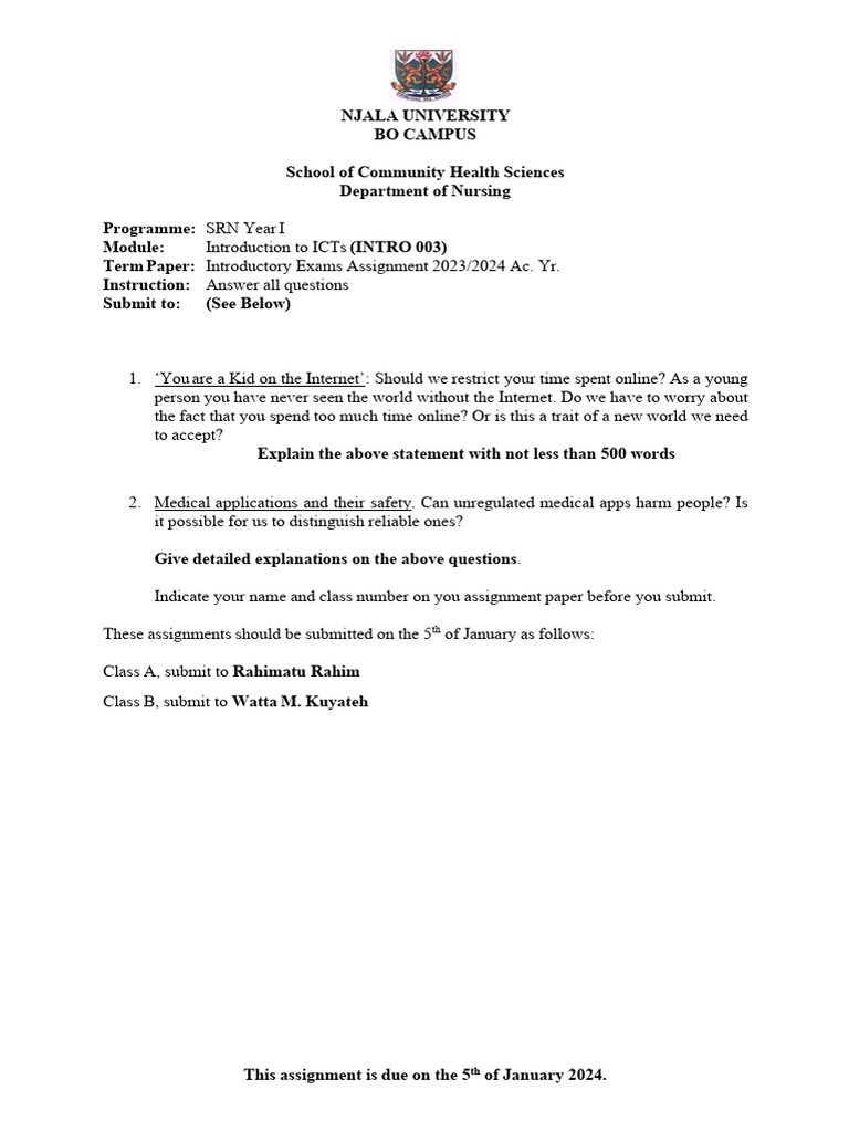 Assignment For SRN One 2023-2024 | PDF | Career & Growth