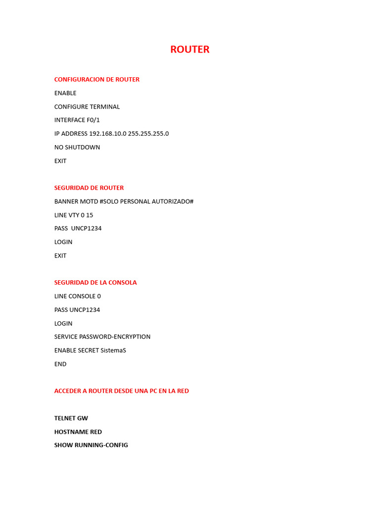 Comandos Cisco Packet Tracer | PDF | Dirección IP | Enrutador (Computación)