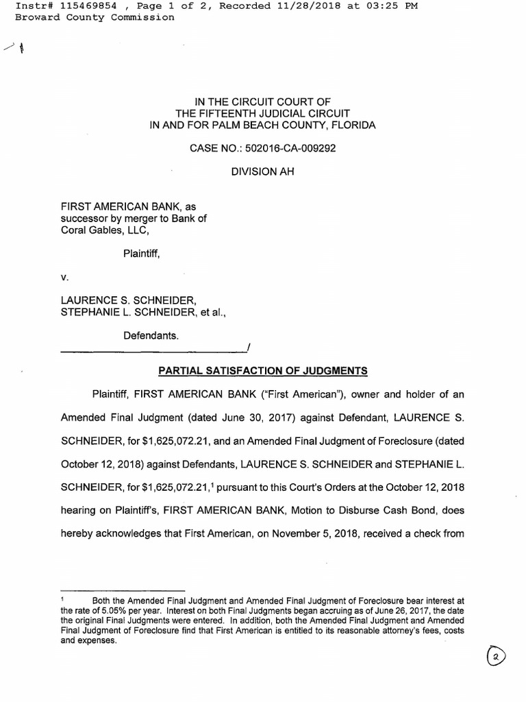 Partial Satisfaction of Judgments - FL Case | PDF