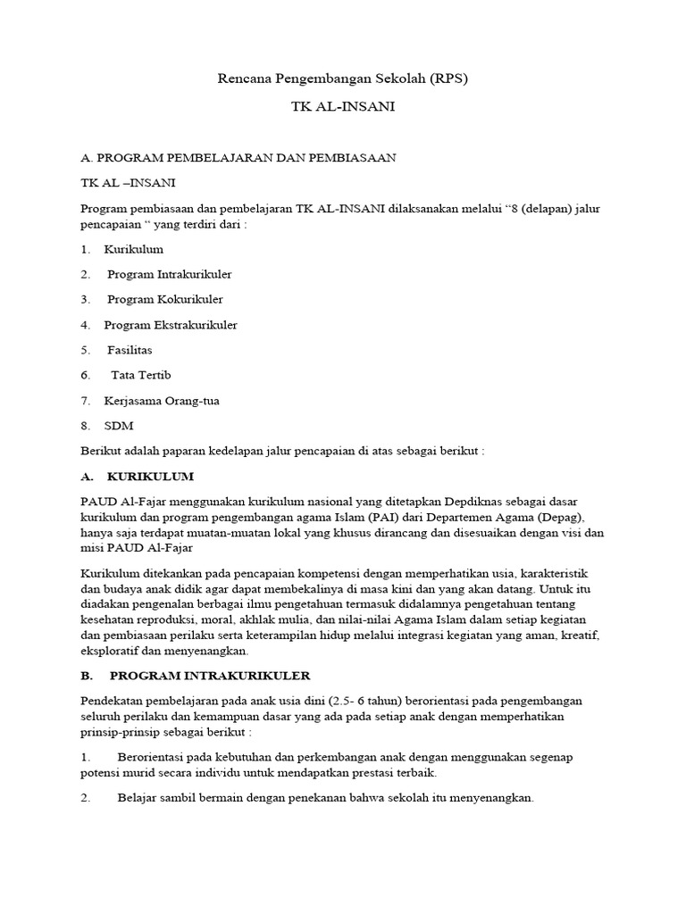 Rencana Pengembangan Sekolah RPS TK AL I | PDF