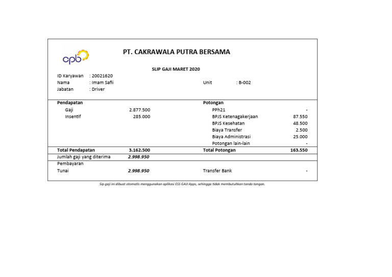 Slip Gaji Cakrawala Putra Bersama | PDF